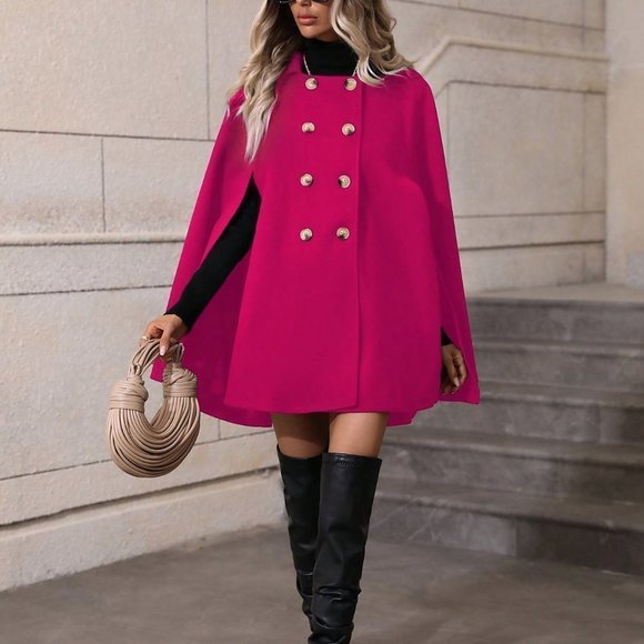 Jackets & Coats | Hot Pink Preppy Womens Double Breasted Cloak Sleeve ...